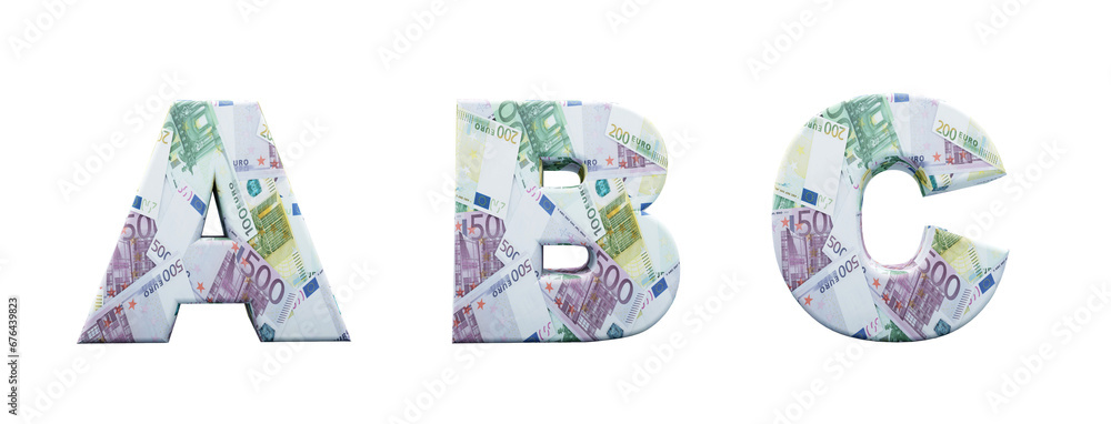 Money alphabet. Letters A, B, C, made with Euro bills. Banknotes of 100 ...