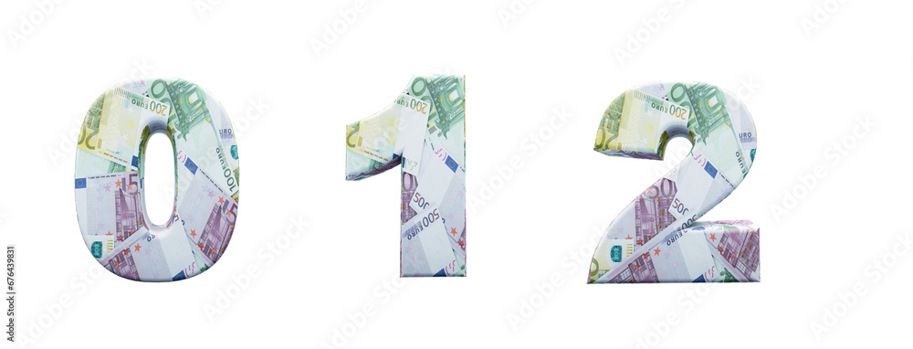 Money alphabet. Numbers 0, 1, 2, made with Euro bills. Banknotes of 100 ...