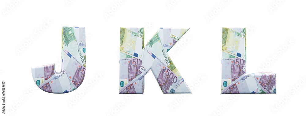 Money alphabet. Letters J, K, L, made with Euro bills. Banknotes of 100 ...