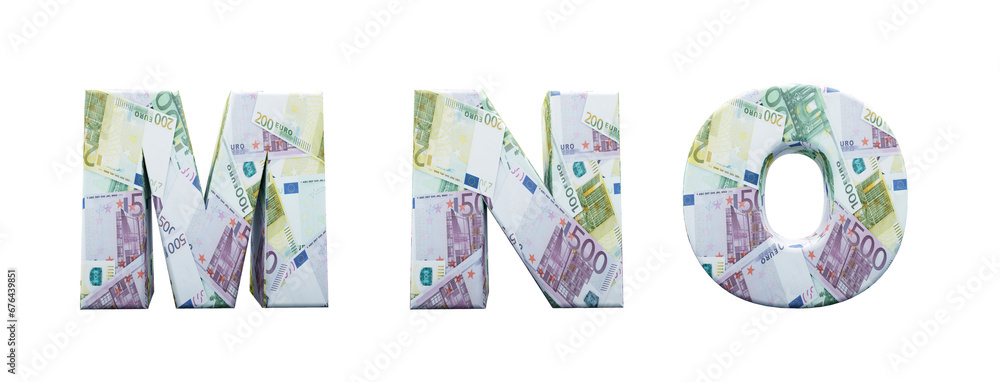 Money alphabet. Letters M, N, O, made with Euro bills. Banknotes of 100 ...