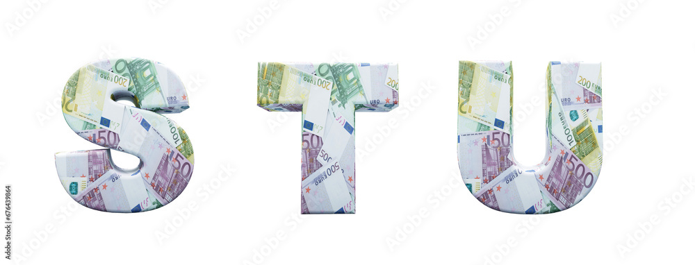 Money alphabet. Letters S, T, U, made with Euro bills. Banknotes of 100 ...