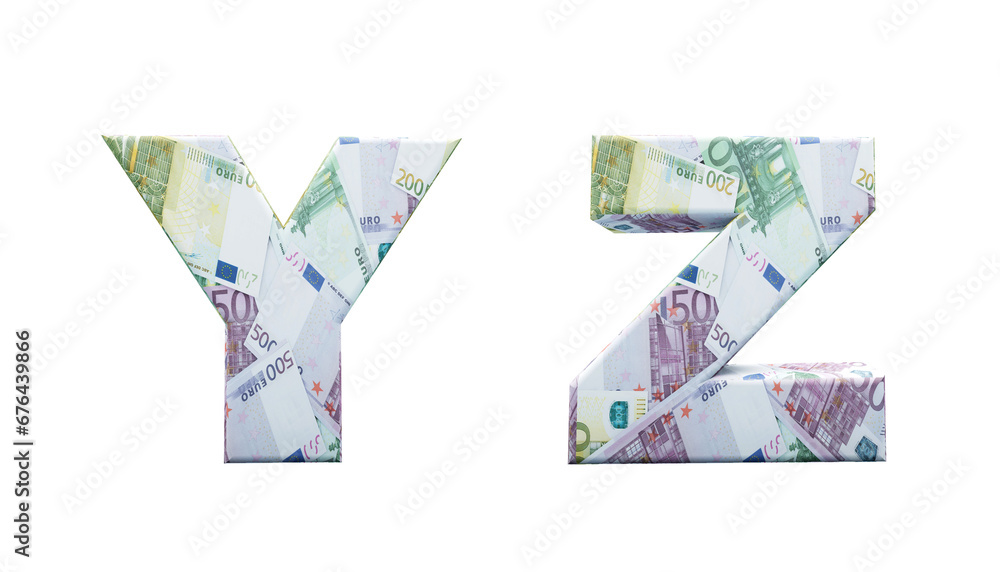 Money alphabet. Letters Y, Z, made with Euro bills. Banknotes of 100 ...