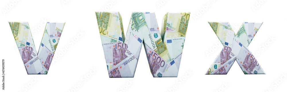 Money alphabet. Letters V, W, X, made with Euro bills. Banknotes of 100 ...