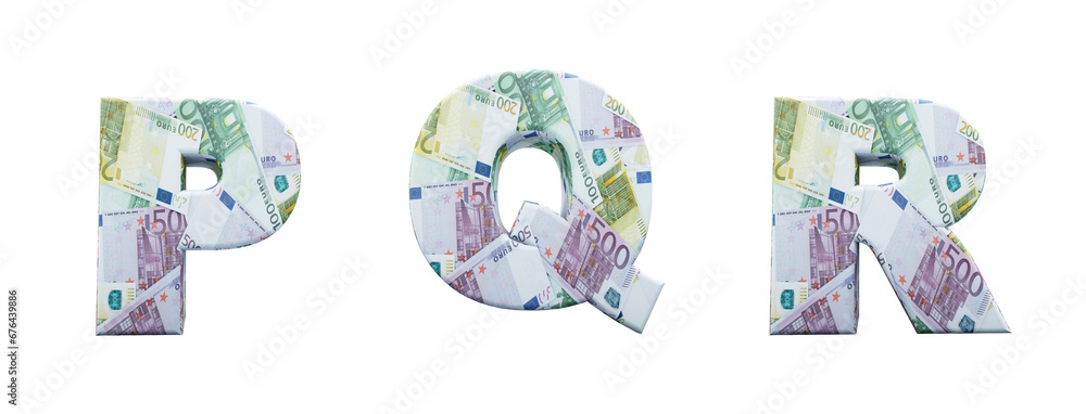 Money alphabet. Letters P, Q, R, made with Euro bills. Banknotes of 100 ...