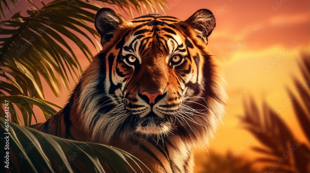 A tiger and a fantasy sunset in the woods, with a butterfly and a palm ...