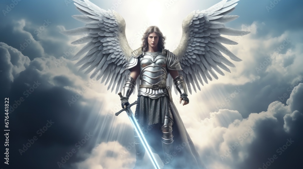 Archangel Michael with wings in knight armor with sword rises in sky standing at protection of ...