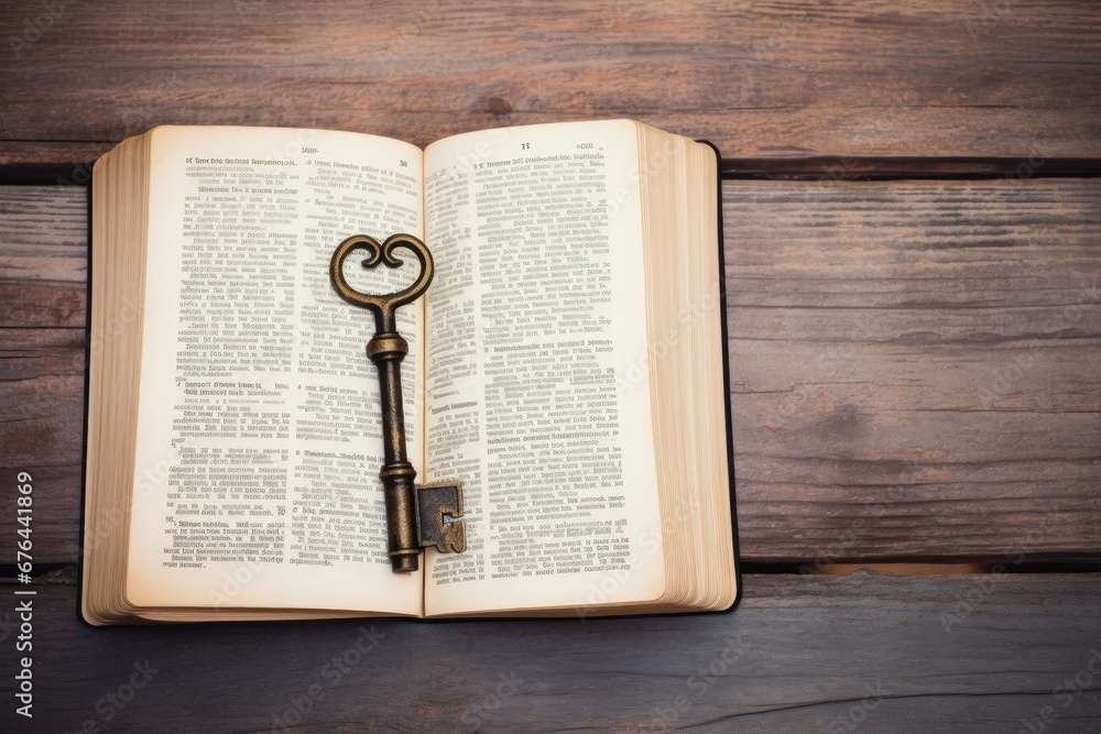 Key lies on top of large open book on dark wooden table symbolizing ...