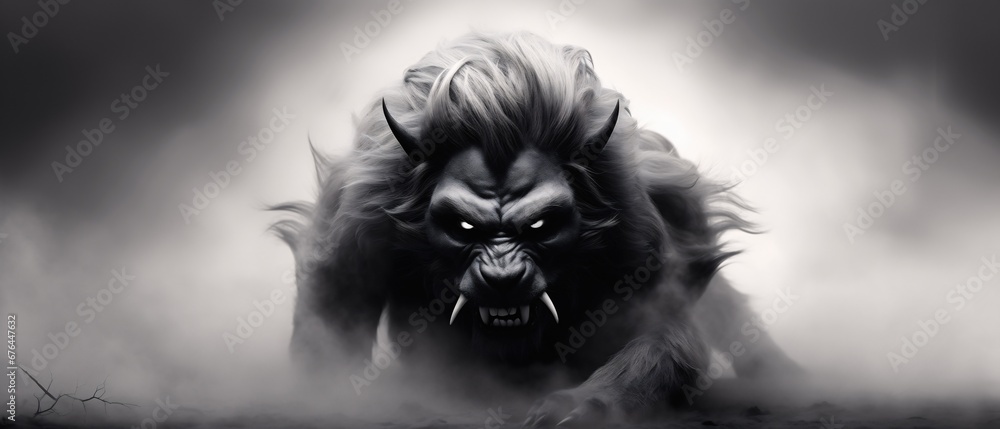 Werebear beast roaming the prairie fields, shrouded in dusty fog ...