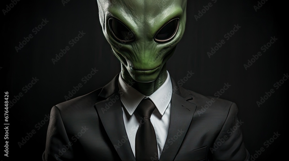 an alien wearing a black blazer, white shirt, and black tie against a ...