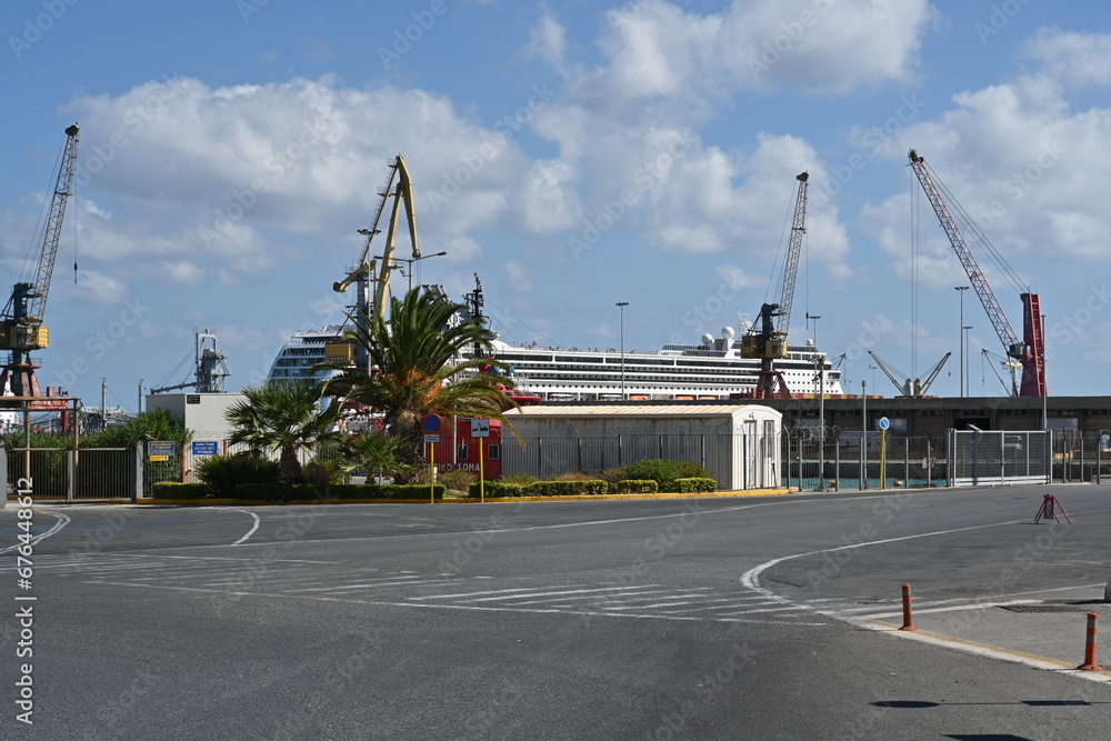 Road in front of gate of passenger terminal in seaport in Heraklion ...