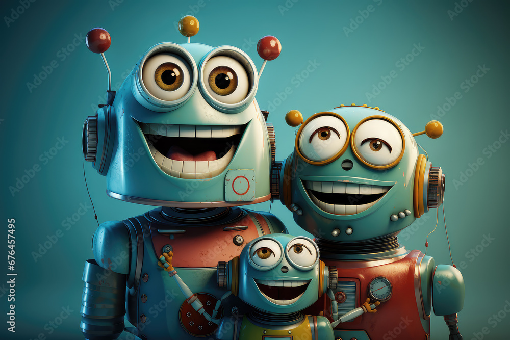 Happy robot family hugging. Witness the love and unity between robotic ...