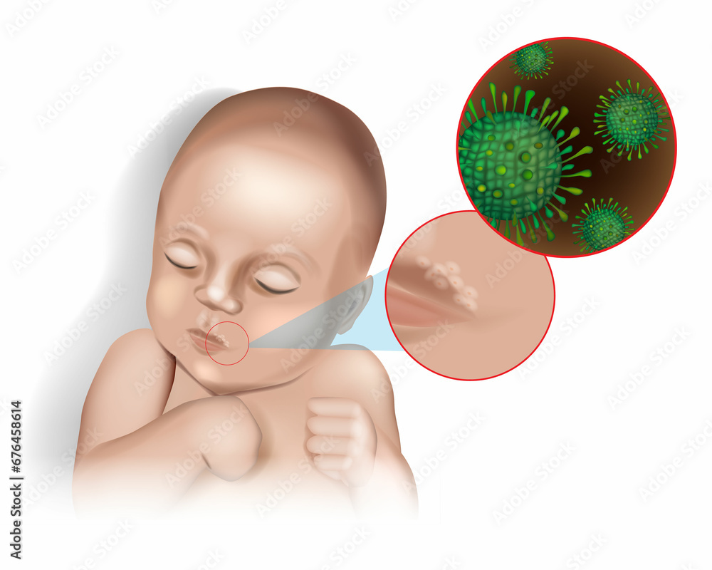 Vector illustration of the herpes virus on the lip of a child.Acute ...
