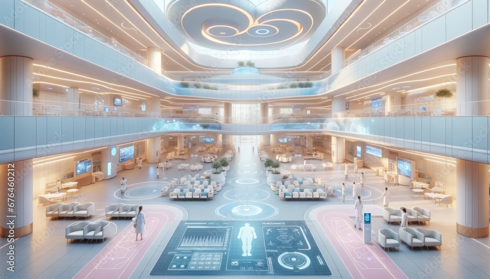 Expansive futuristic hospital lobby with interactive displays and robot ...