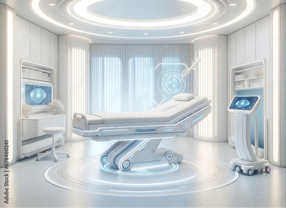 In a sleek and sterile hospital room, a lone bed sits beneath a ...