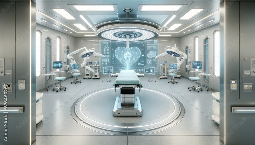 High-tech surgical room equipped with robotic arms, holographic ...