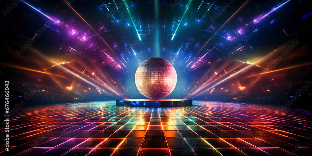 Bright disco scene with neon lights and dazzling disco ball as the ...