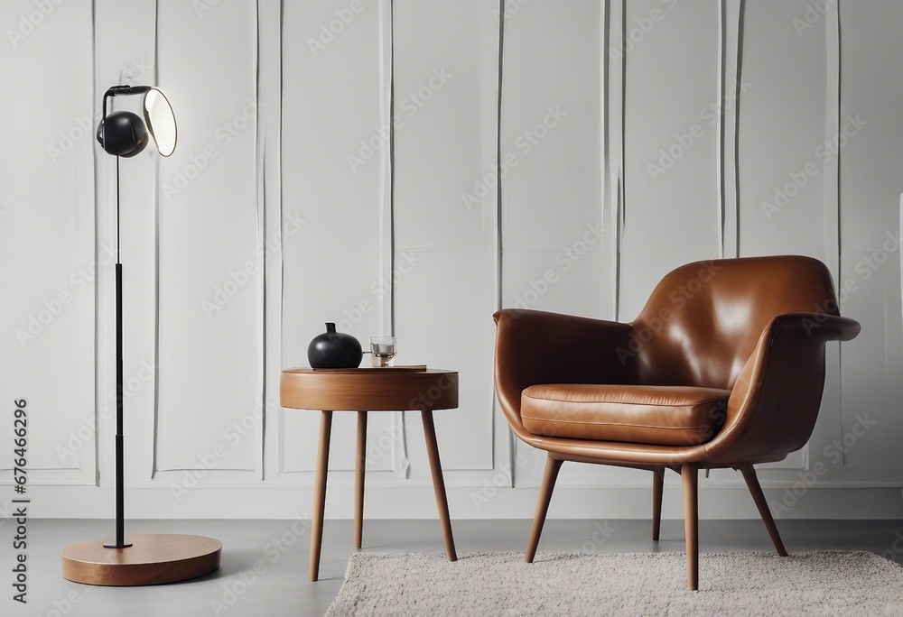 Armchair and wooden side table near white wall with round accent wall ...