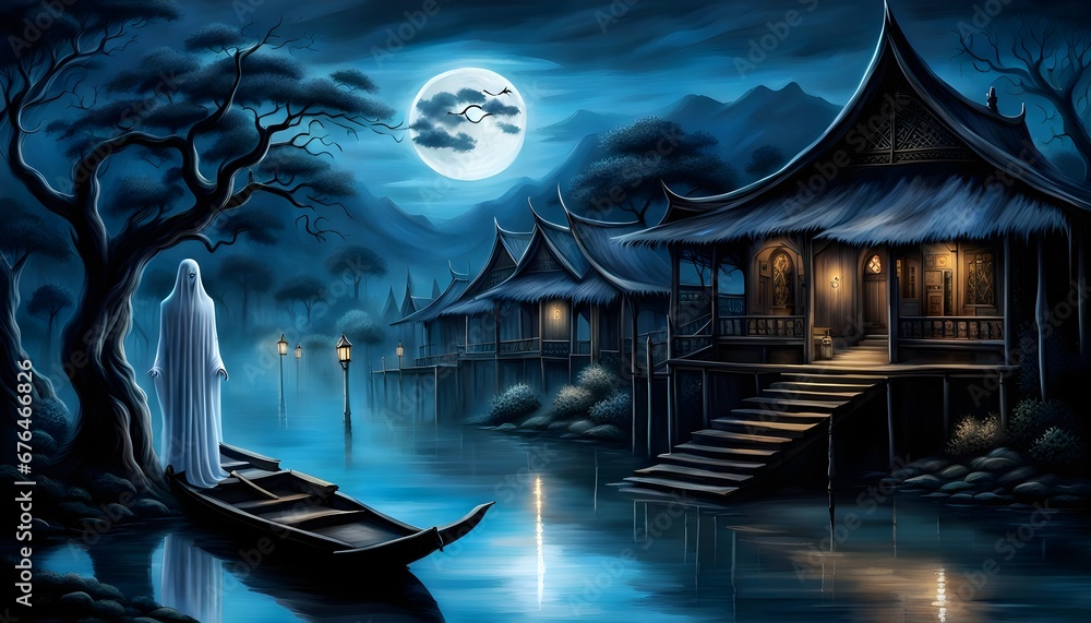 a female ghost in front of haunted Thai cottages at night with a silver ...