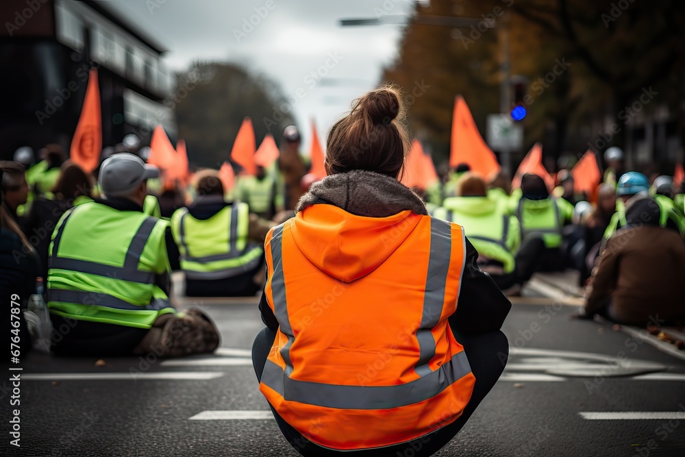 Protest activists wearing hi vis yellow orange jacket sit on a road and ...