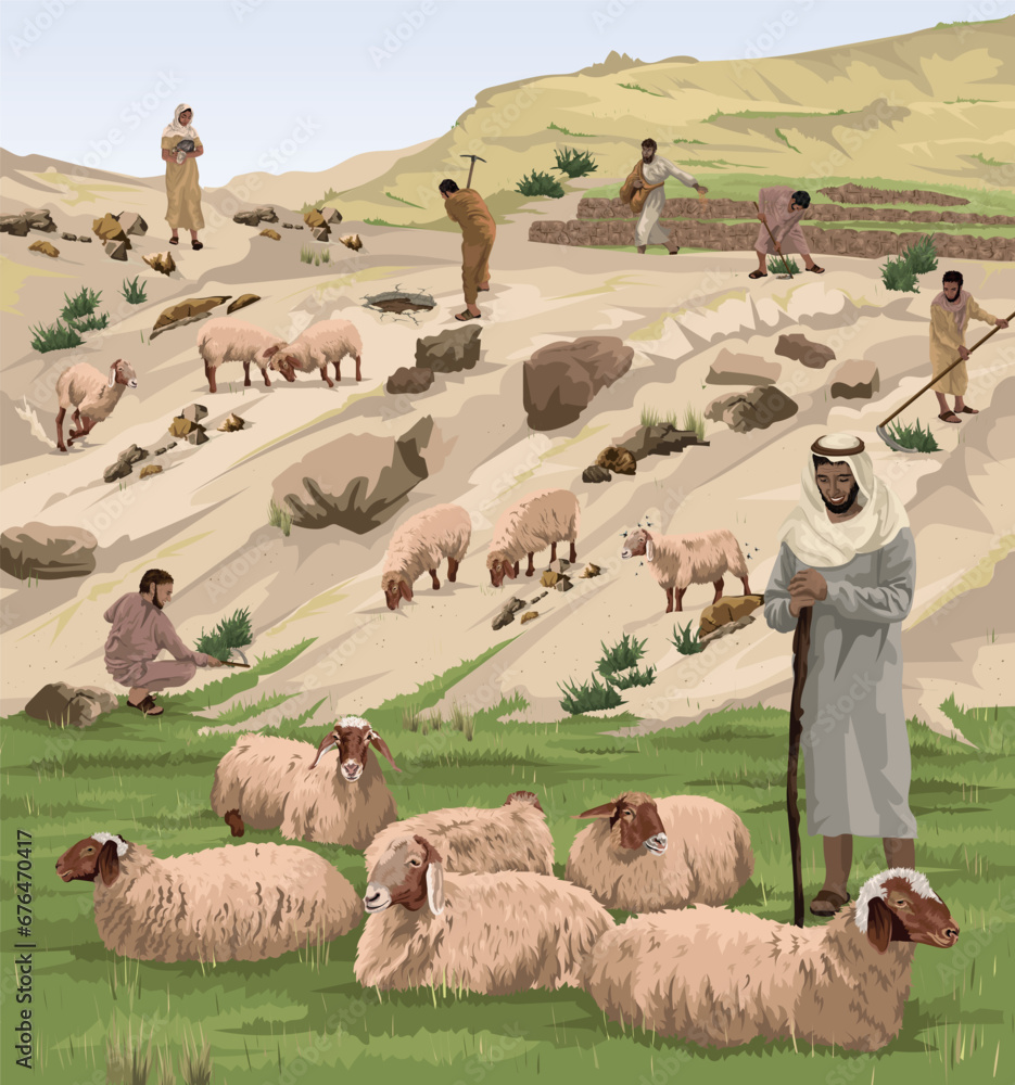 Biblical illustration showing sheep lying down in green pasture beside ...