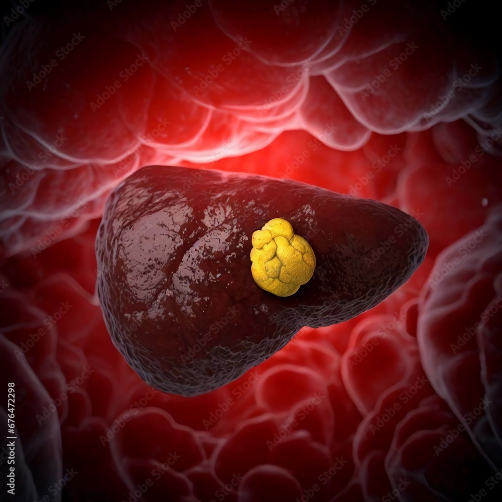 3D liver model featuring a visible tumor, encapsulated by a swarm of ...