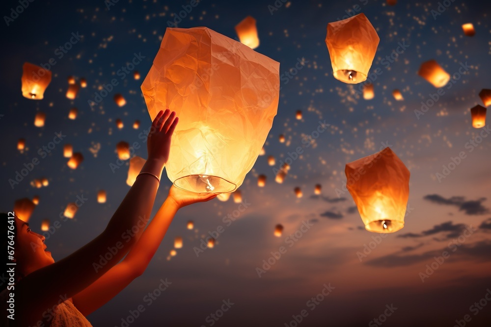 lantern release lights up the sky. Cultural tradition. Stock ...