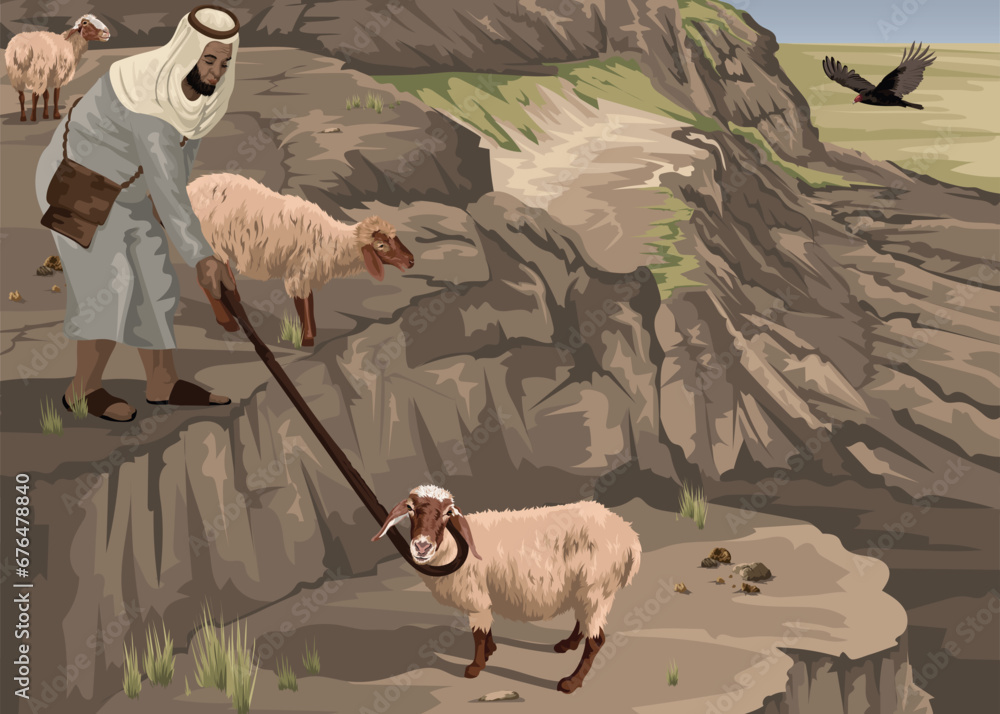 Shepherd rescuing sheep with staff from mountain side. Biblical ...