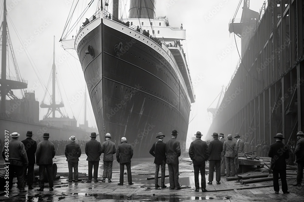 old picture captures Titanic being built in 1910s dry dock. Black and ...