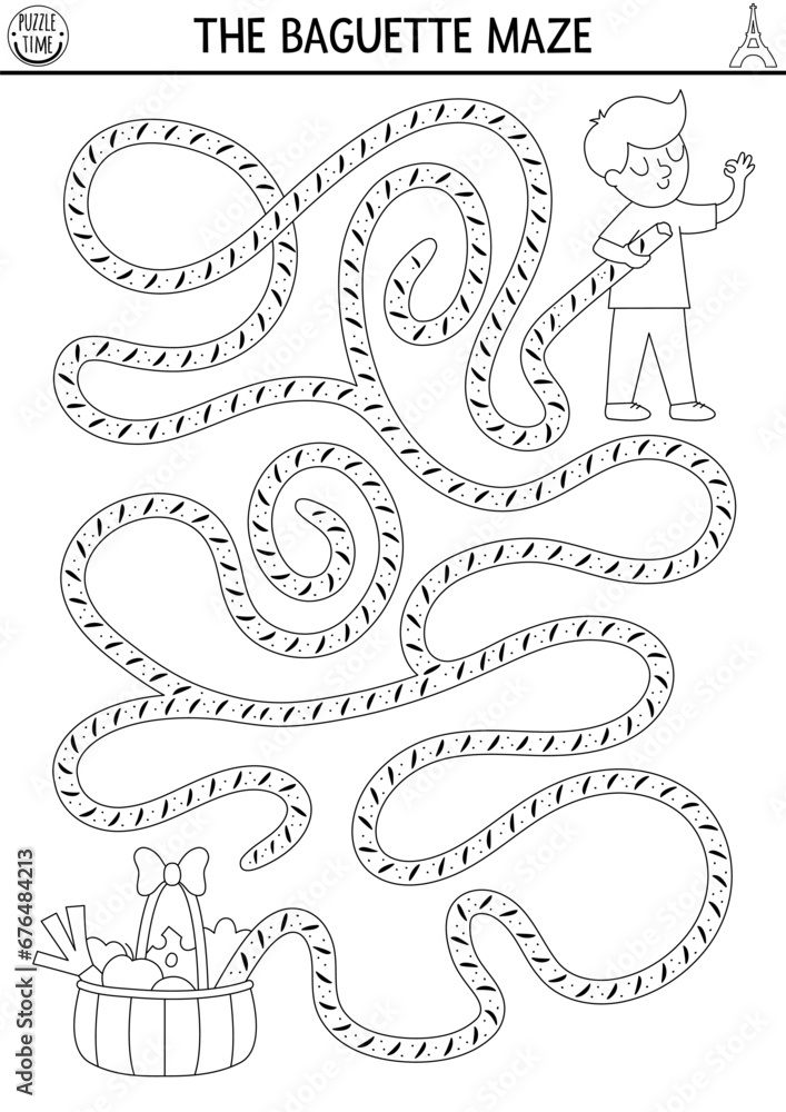 French baguette maze. Funny France black and white labyrinth for kids ...