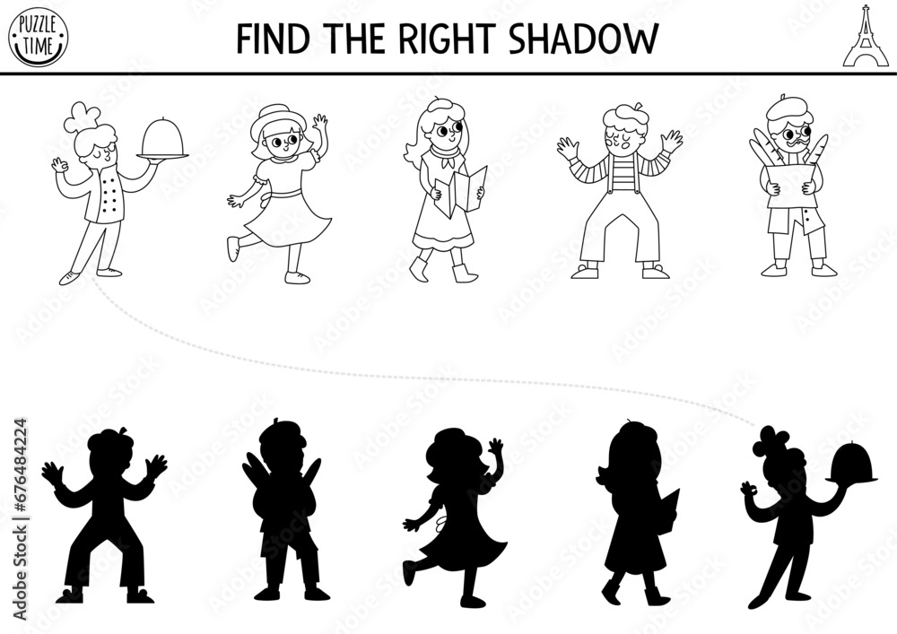 France black and white shadow matching activity. Puzzle with French ...