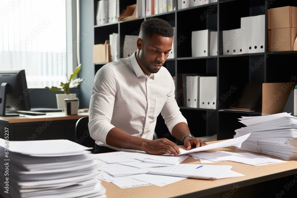 Office worker sitting at desk with computer suffers from hell work and ...
