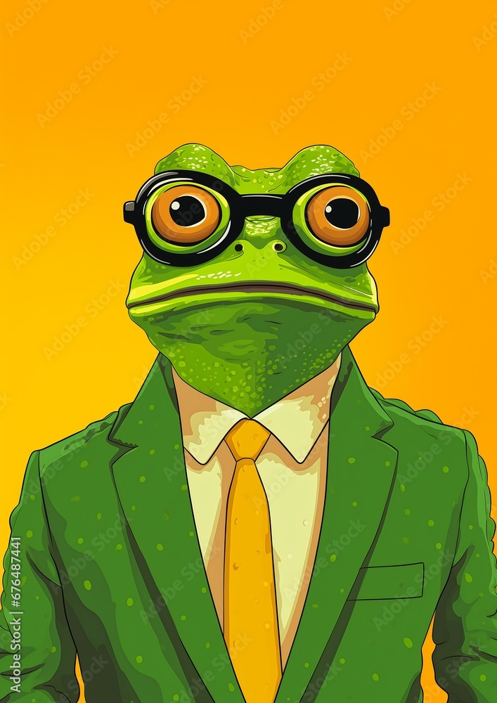 frog wearing suit tie glasses digital illustration green background ...