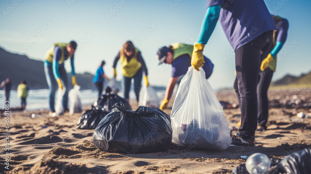 volunteers cleaning up a beach, collecting trash, and sorting ... volunteers cleaning up a beach, collecting trash, and sorting ...