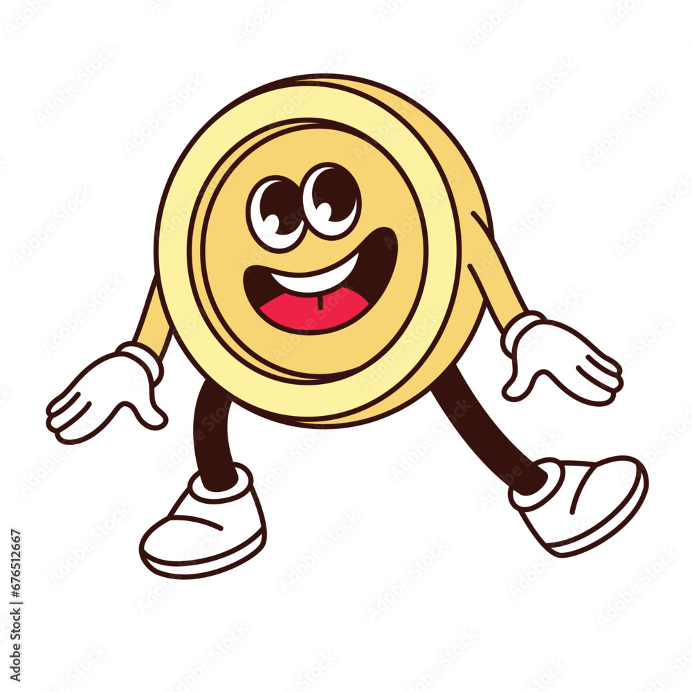 Groovy happy gold coin character vector illustration. Cartoon isolated ...
