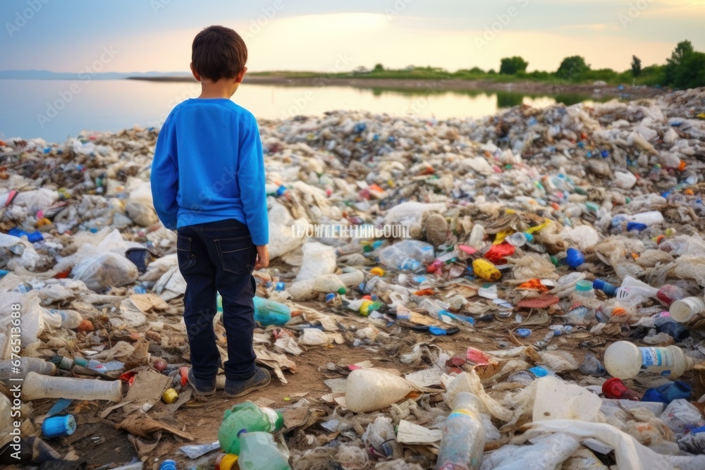 Kid standing near landfill next to mountain of plastic wastes thinking ...