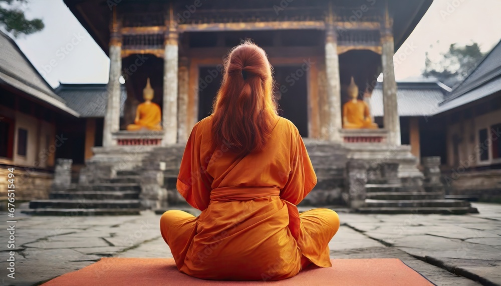 Back view of buddhist monk in orange robe, asian master meditating ...