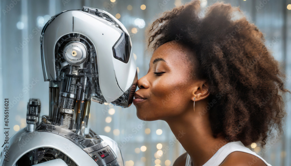 Futuristic love story of a woman kissing robot, romantic couple in a ...