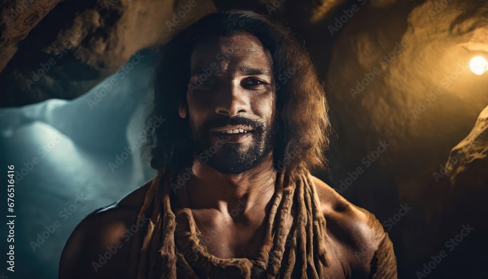Portrait of a neanderthal man, prehistoric human, tribal caveman in a ...