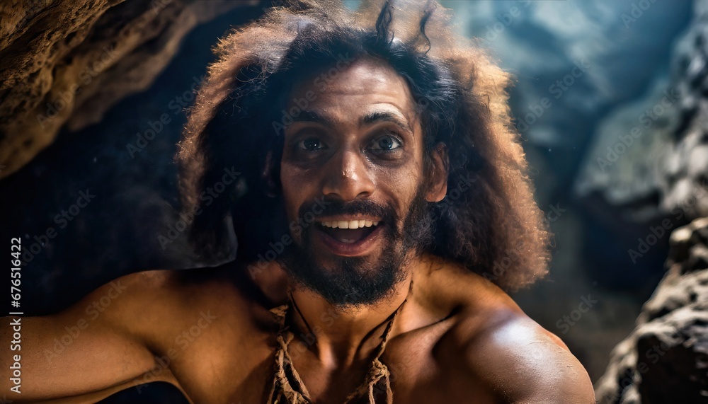 Portrait of a neanderthal man, prehistoric human, tribal caveman in a ...