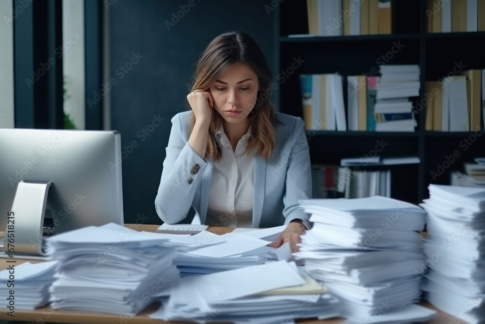 Office worker sitting at desk with computer suffers from hell work and ...