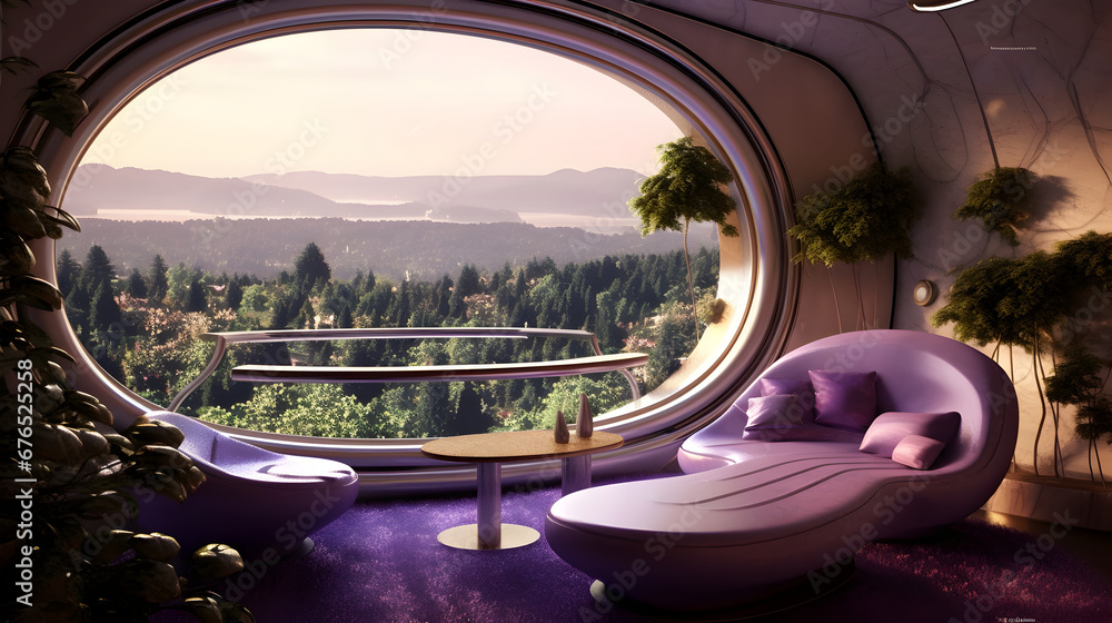 cozy living room on a space ship oval shaped window wth a stunning view ...