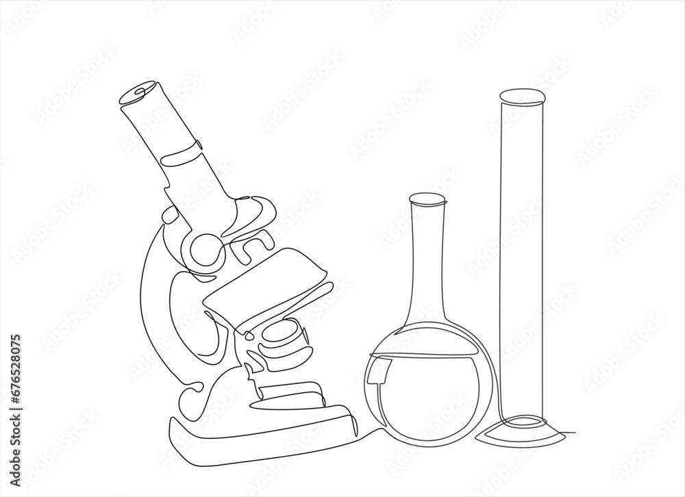 Continuous one line drawing of microscope and laboratory glassware ...