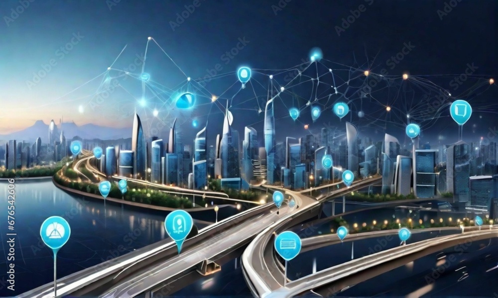 Modern city with smart transportation and intelligent communication ...
