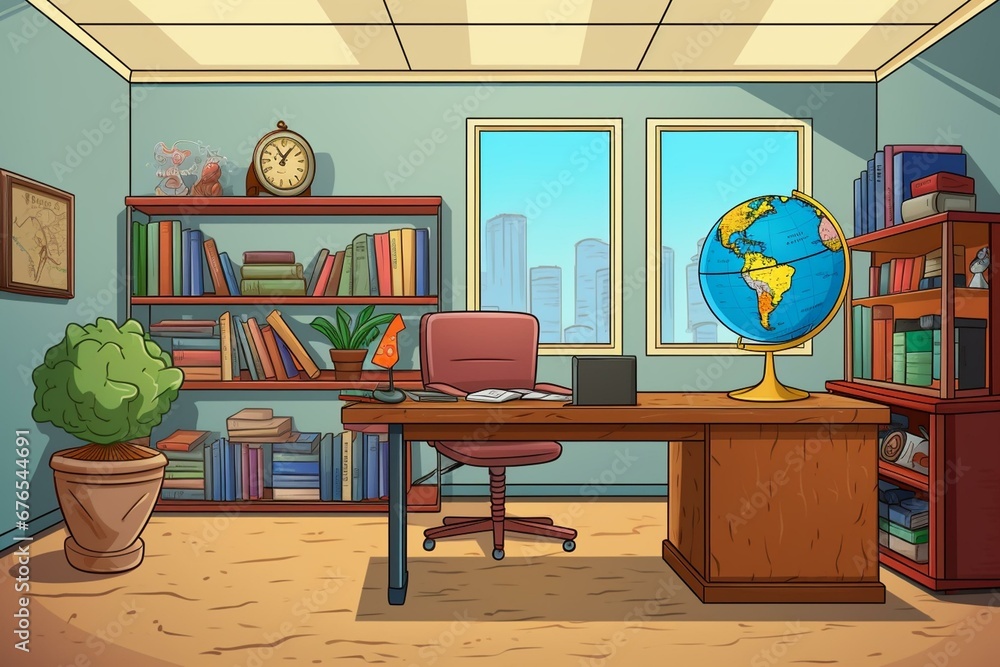 Empty school principal's office with a director table, computer, books ...