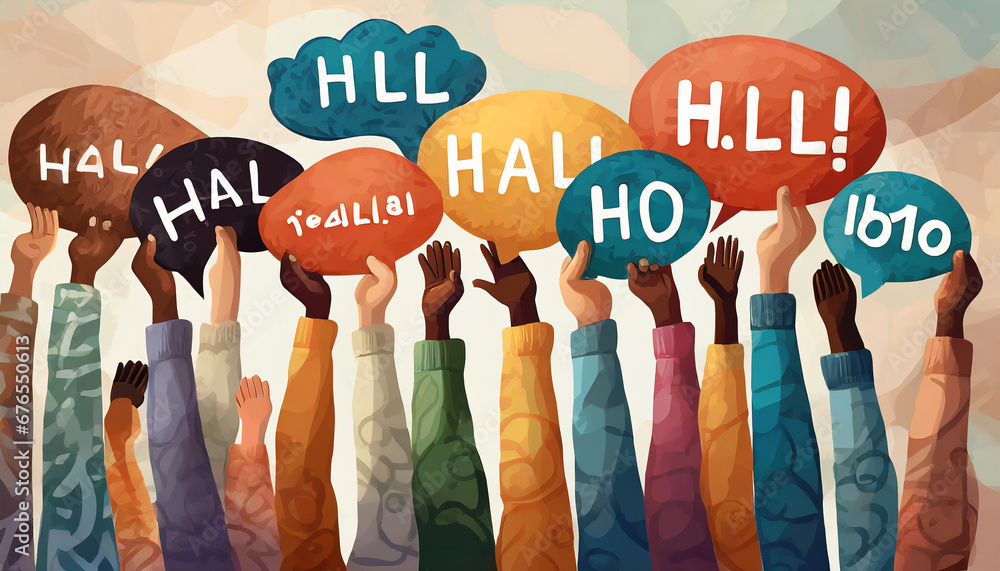 Many hands raised of diverse and multicultural children and teens ...