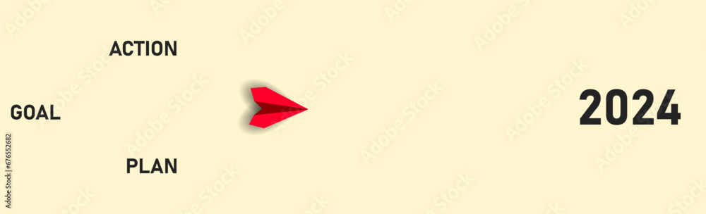 Red plane flying to 2024. Red plane heading towards goal, plan, action ...