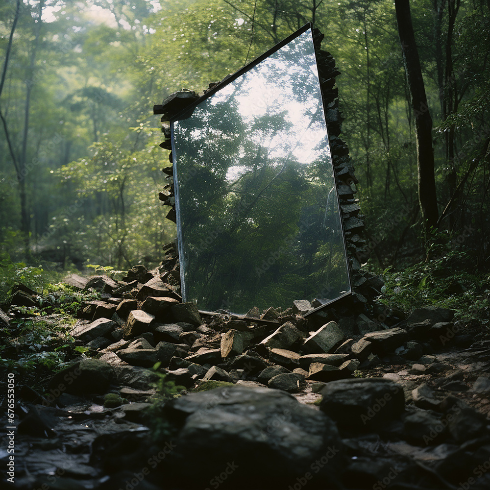 Magic witch mirror, piece of broken mirror hanging in the air in dark ...