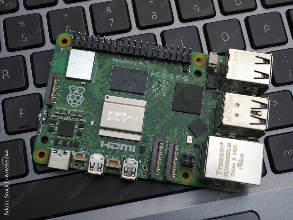 Galati, ROMANIA - November 10, 2023: Close-up of a Raspberry Pi 5 with ...