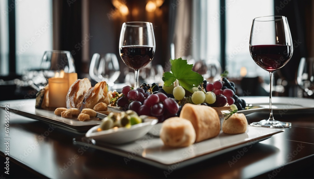 Elegant restaurant table with wine glass and appetizers in a soft light ...
