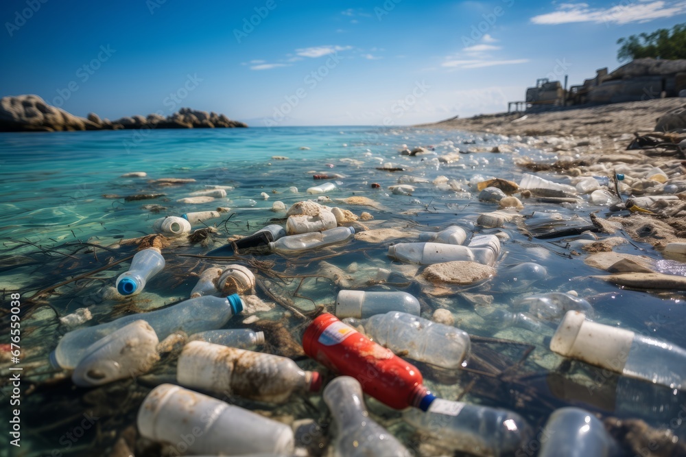 Garbage floats in the ocean. Ecological catastrophy. Polluted Ocean ...